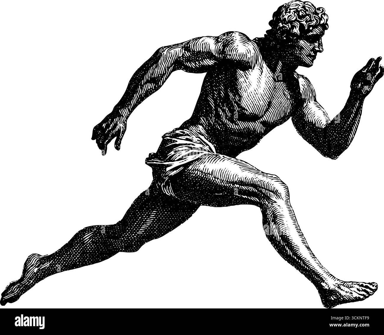 Engraved illustration of classical greek running statue - historical ...