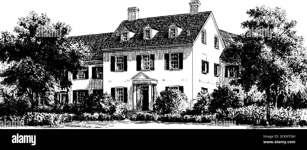 Engraved colonial architecture illustration featuring historical ...