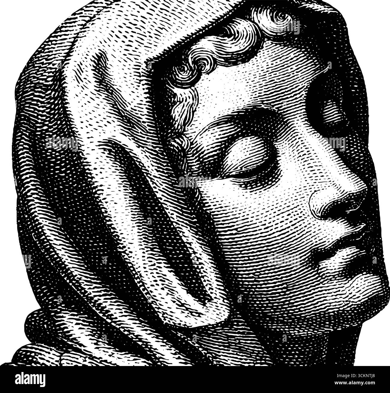 Engraved illustration of classical funerary statue depicting noble ...