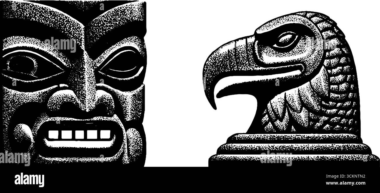 Intricate engraved illustration set of tribal totem poles and animal ...