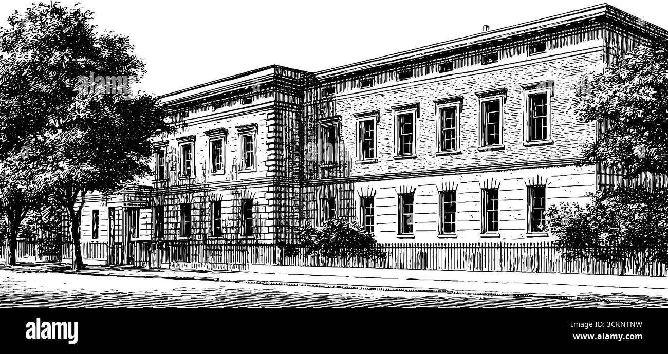 Engraved illustration of georgian architectural building with detailed ...