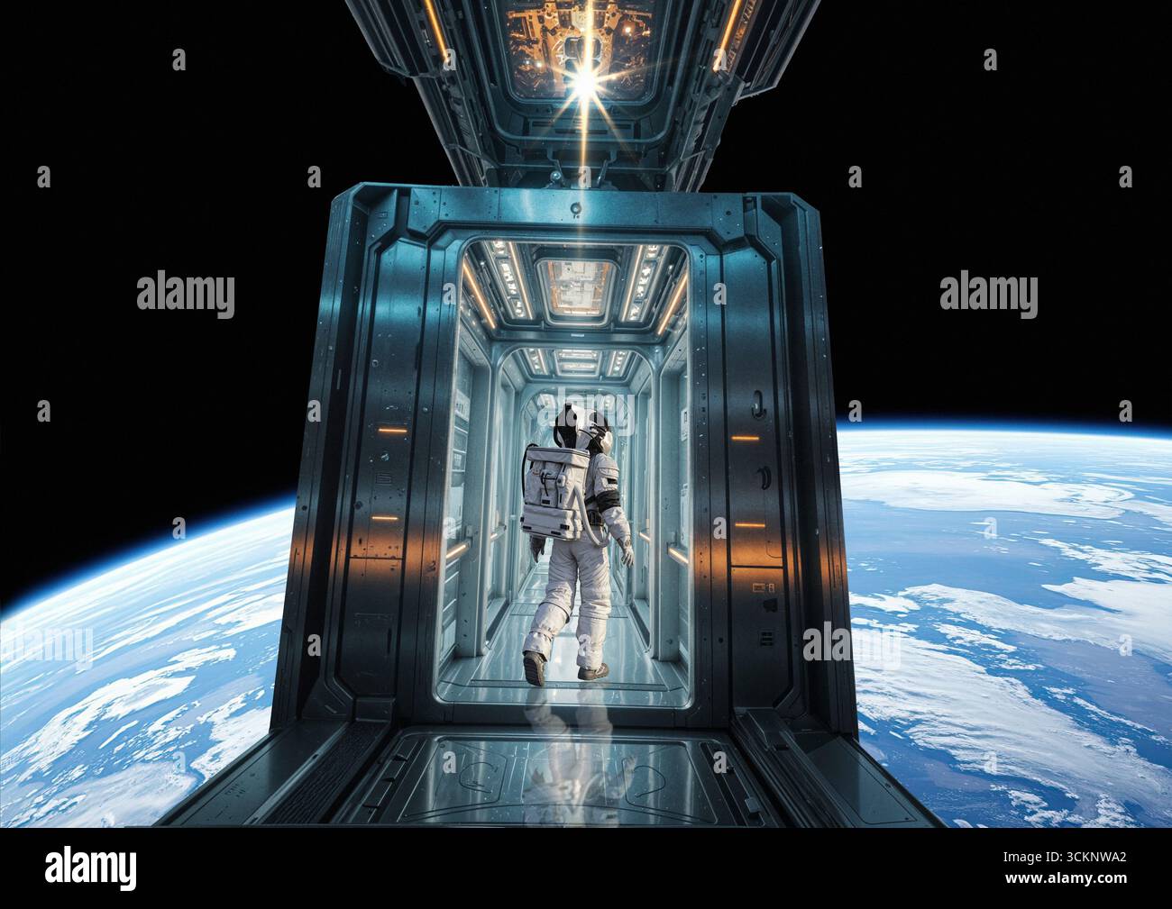 Conceptual illustration of an astronaut in a space elevator. This is a ...