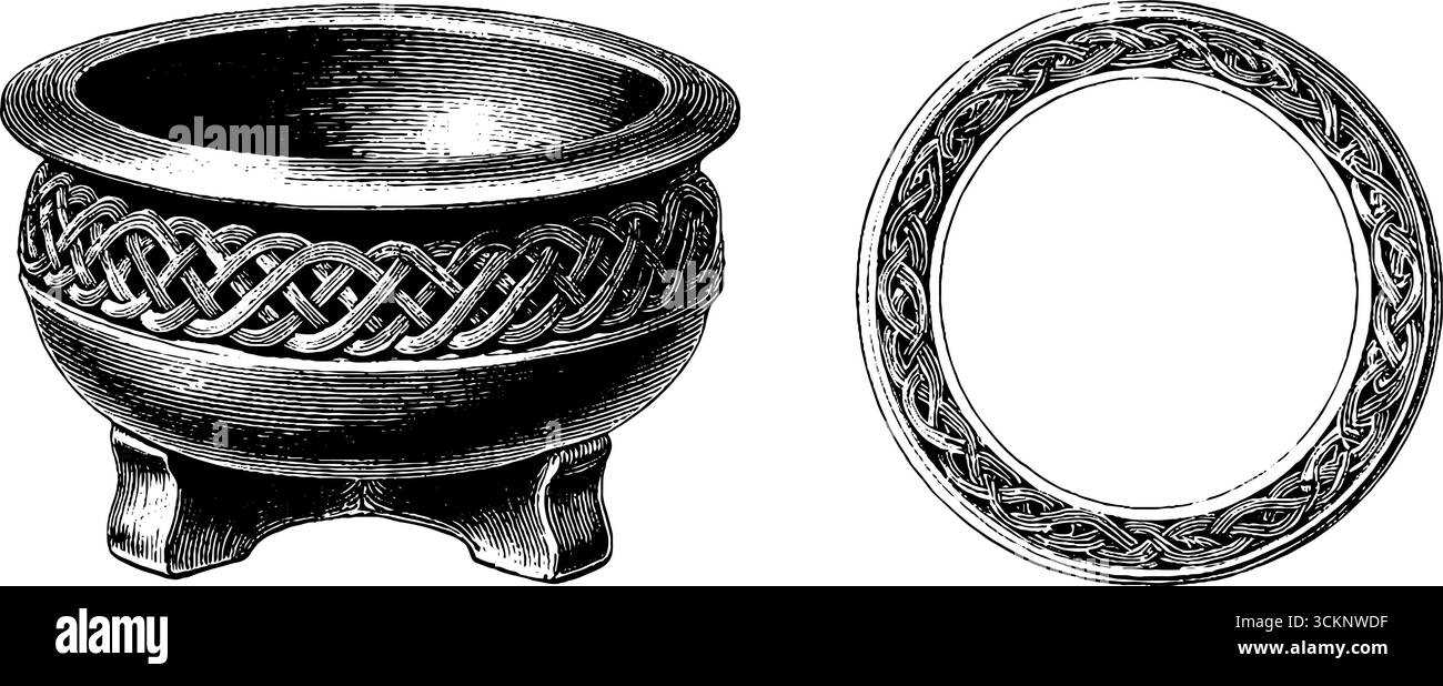 Engraved illustration of celtic cauldron with intricate design elements ...