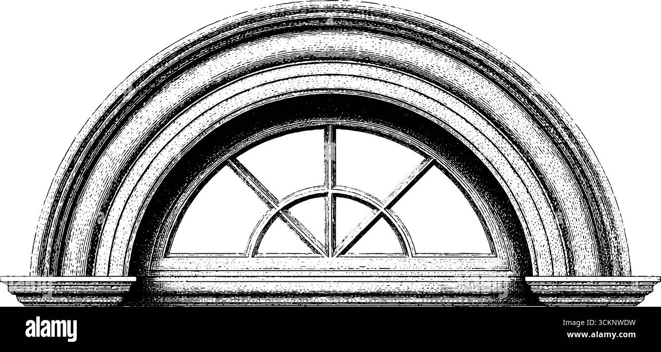 Vintage elegance: detailed engraved illustration of arched window frame ...
