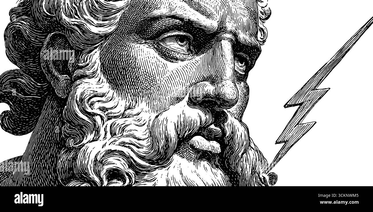 Detailed engraved illustration of zeus statue with lightning bolt Stock ...