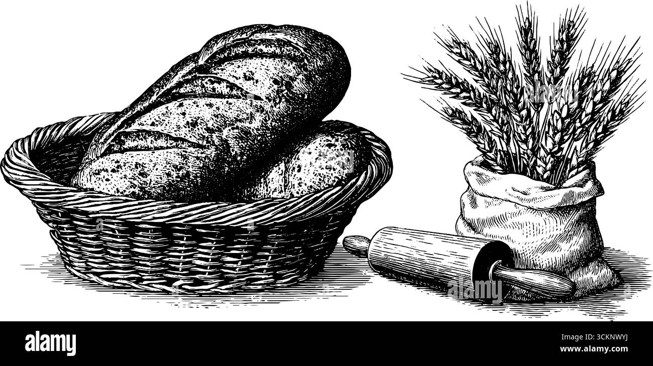Vintage bakery elements with bread basket and wheat sheaf for rustic ...