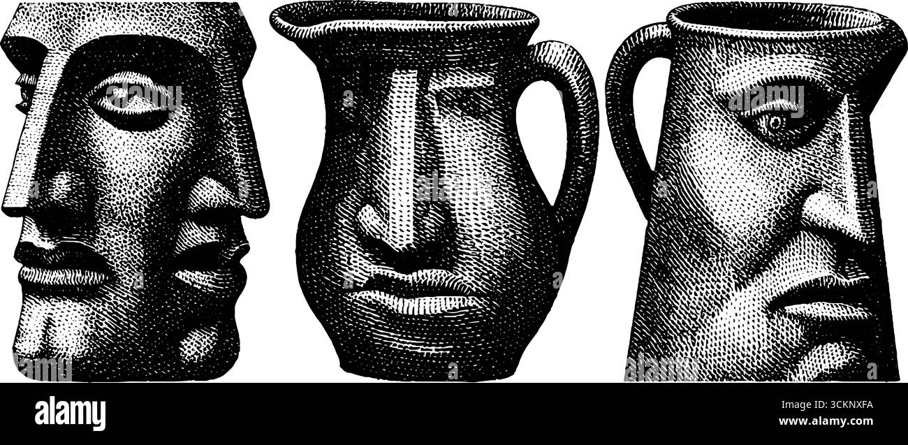 Engraved illustration set of human face pitchers for artistic decor and ...