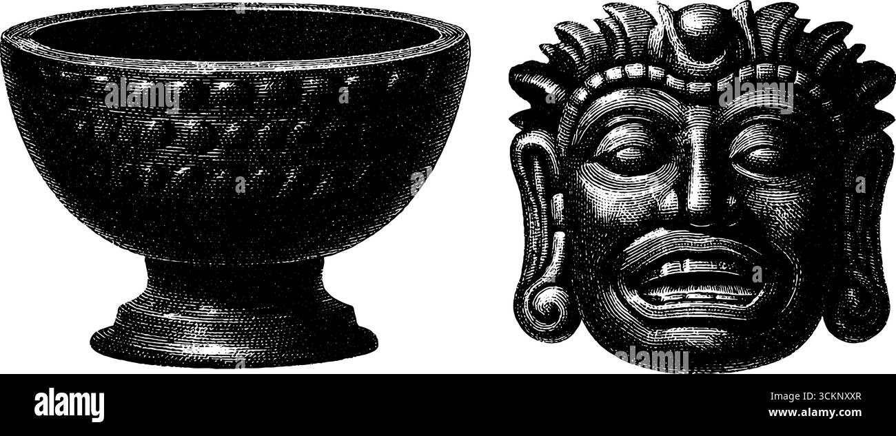Engraved illustration set of obsidian tools and artifacts for ...