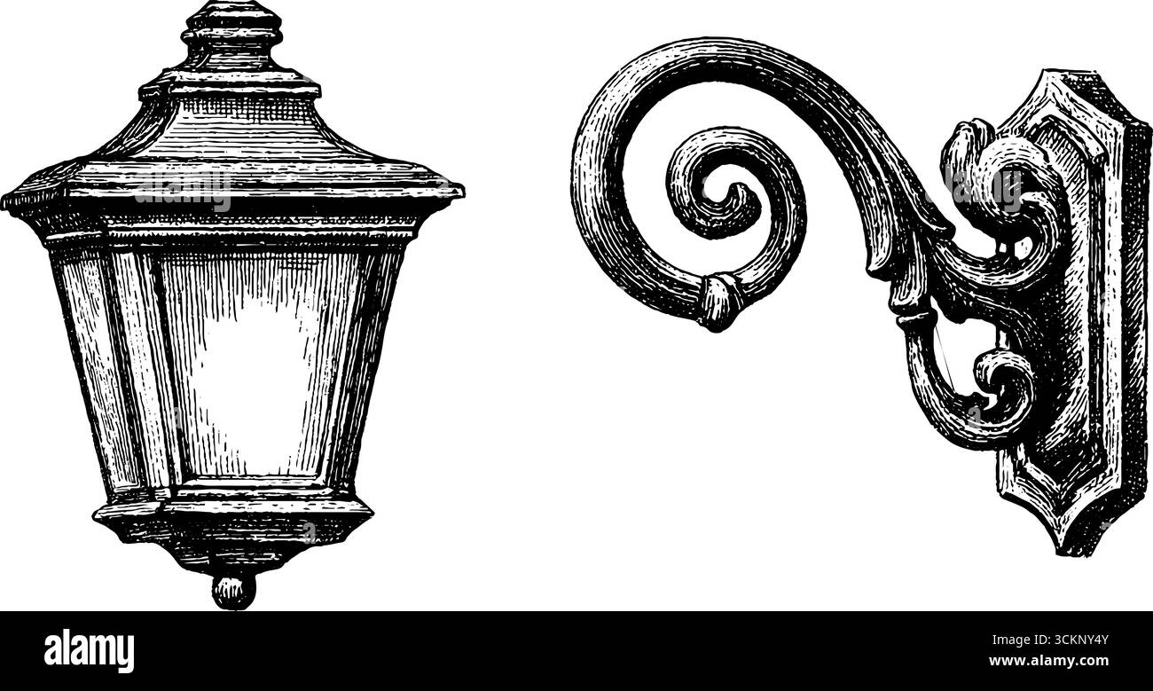 Antique european wrought iron lanterns and scrollwork engraving for ...