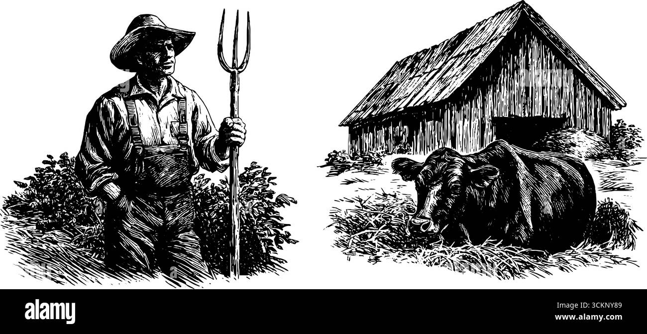Rustic farming scene with farmer, barn, and cow in engraved vintage ...