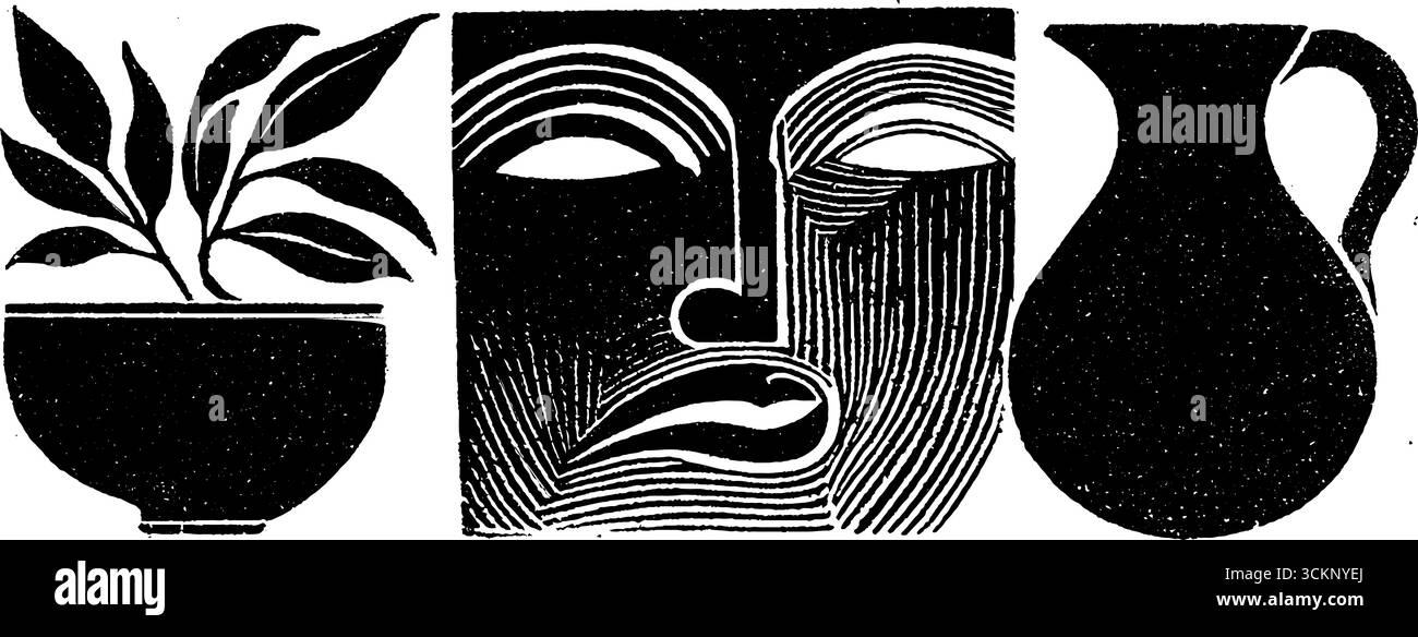 Folk art style woodcut illustration with abstract face, leaf plant, and ...