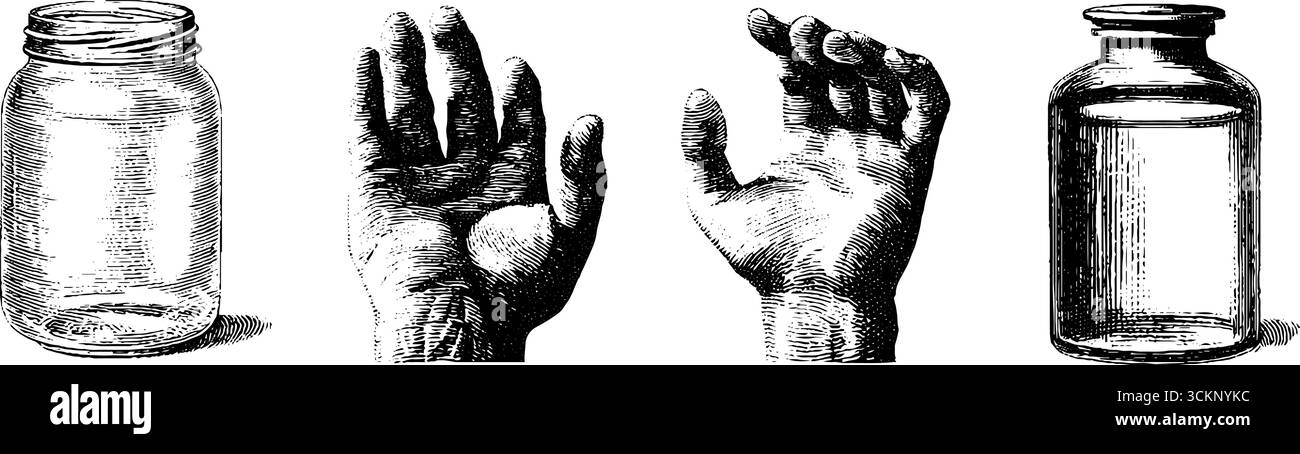 Vintage hand engraving with glass jars and hand gestures for artistic ...