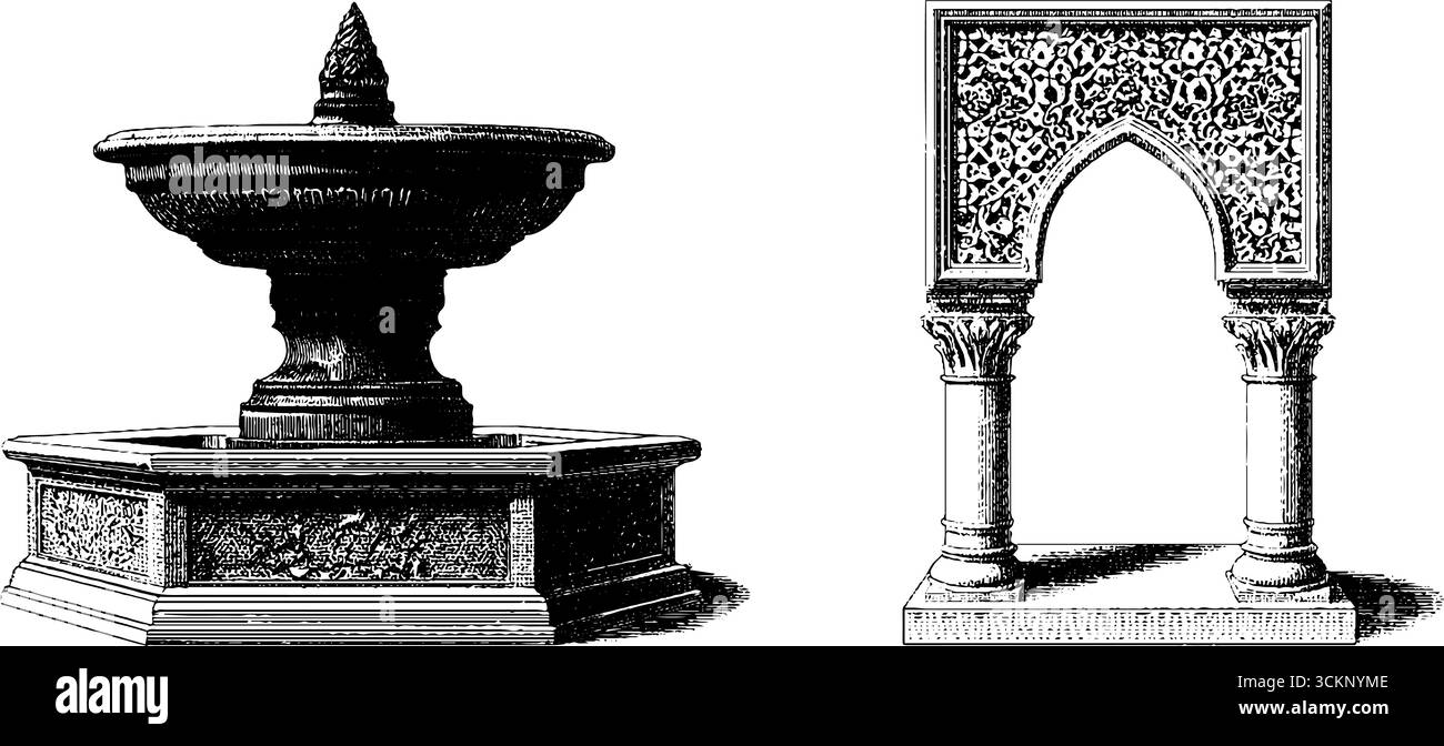 Engraved islamic courtyard fountain and arch set for architectural ...