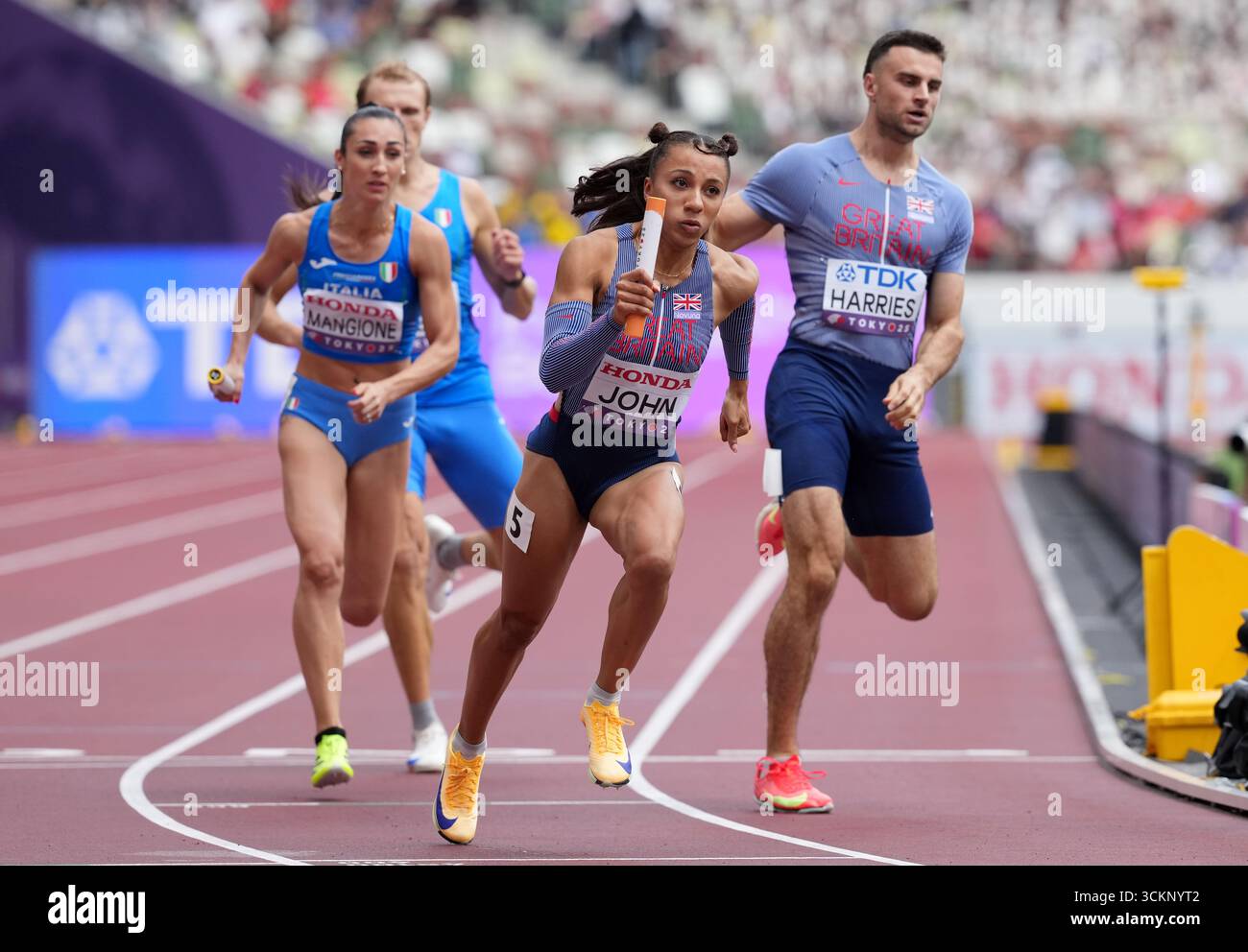 Great Britain's Yemi Mary John runs the final leg of the 4x400m mixed ...