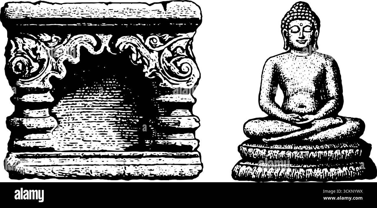 Artistic engraving of indo-greek stupa and buddha sculpture for ...