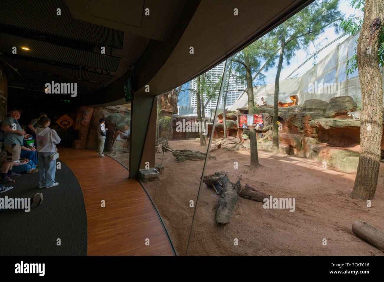 People admire the wildlife through large glass panels in a modern ...