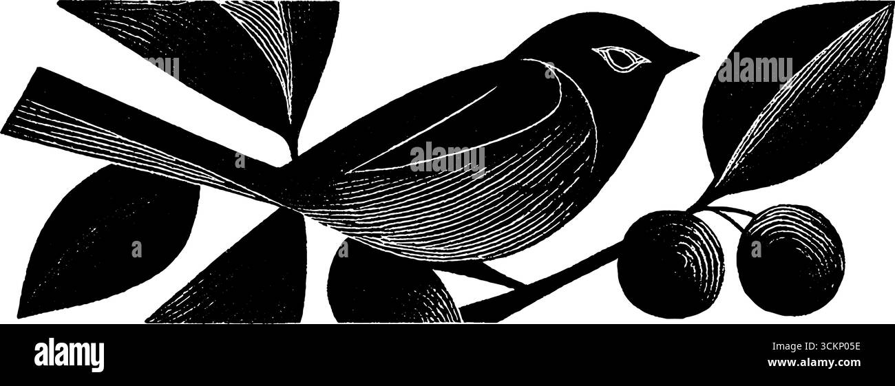 Neo folk art style sparrow illustration with leaves and berries set for ...