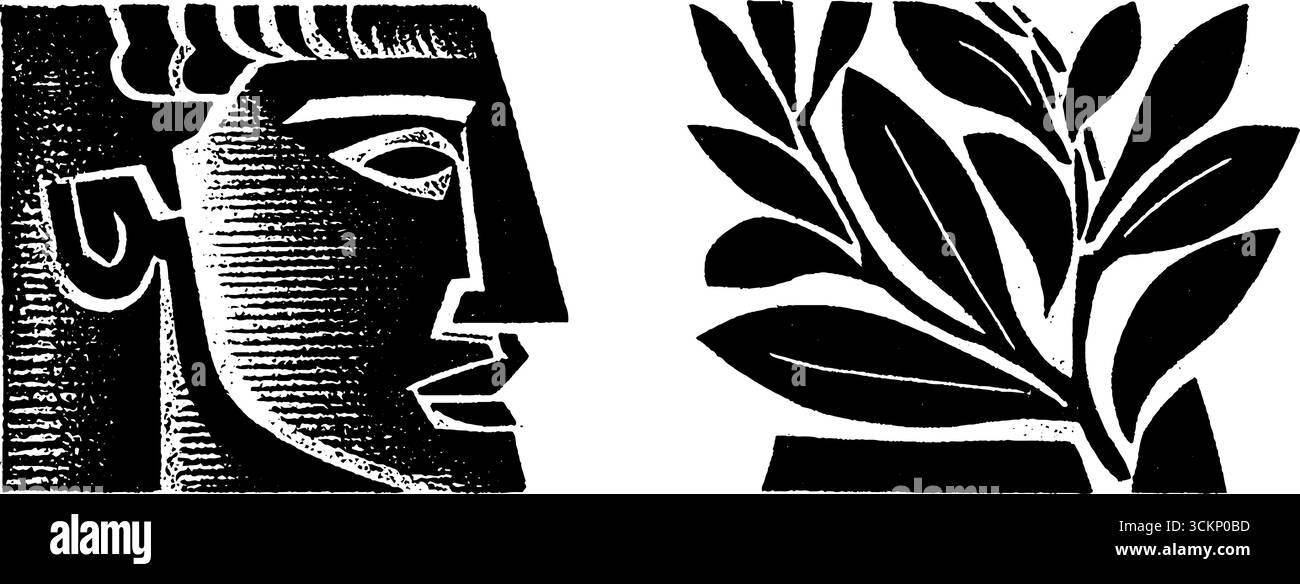 Folk art style illustration featuring abstract human face and leaf ...