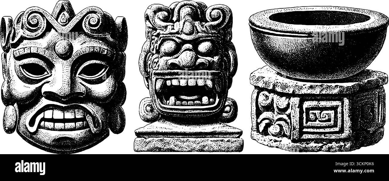 Engraved illustration set of ancient obsidian tools and ritual ...