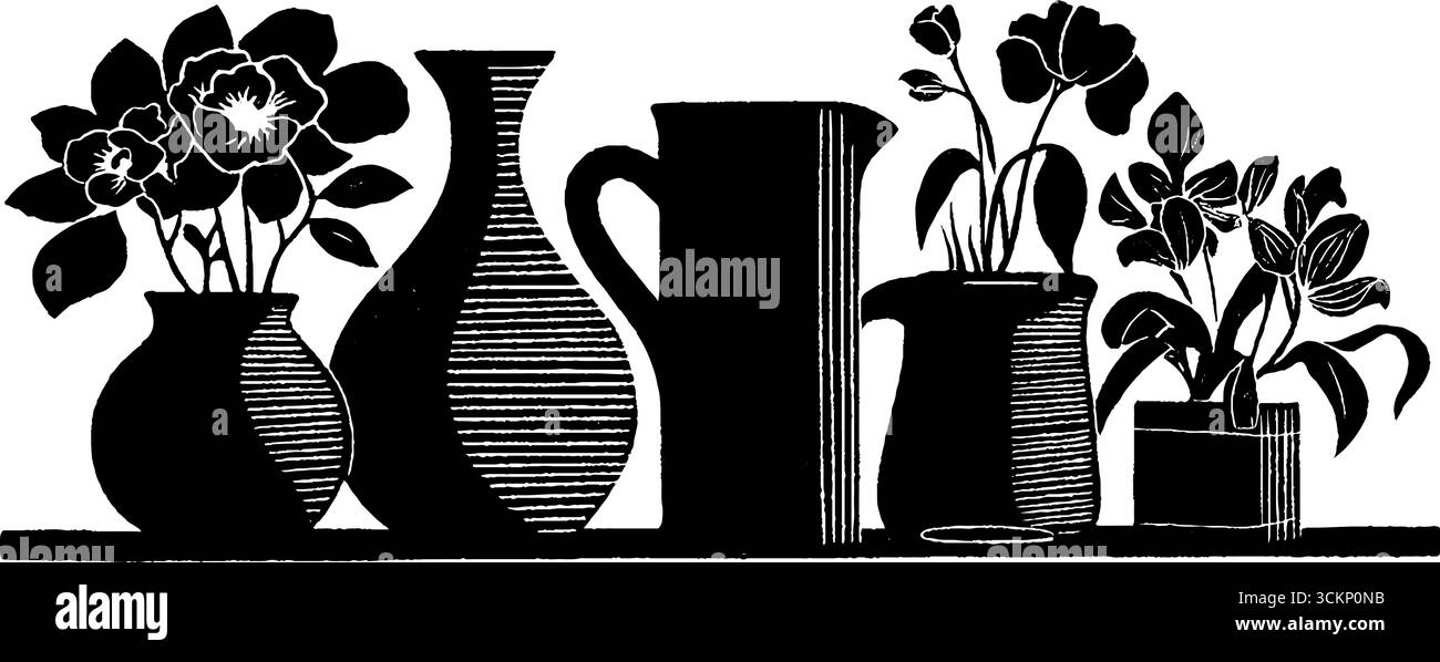 Neo folk art style woodcut print of floral arrangements in vases Stock ...
