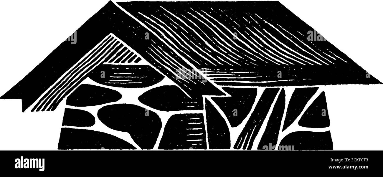 Rustic folk art style woodcut of a stone cottage with unique texture ...