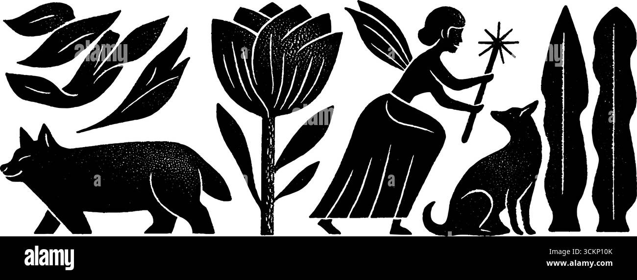 Neo folk art style fairy scenes with flowers, animals, and mystical ...