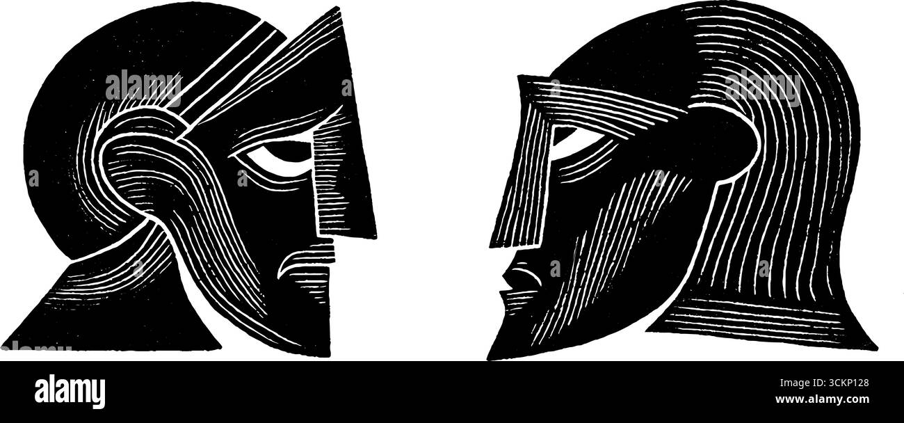 Folk art woodcut illustration featuring symmetrical faces with textured ...