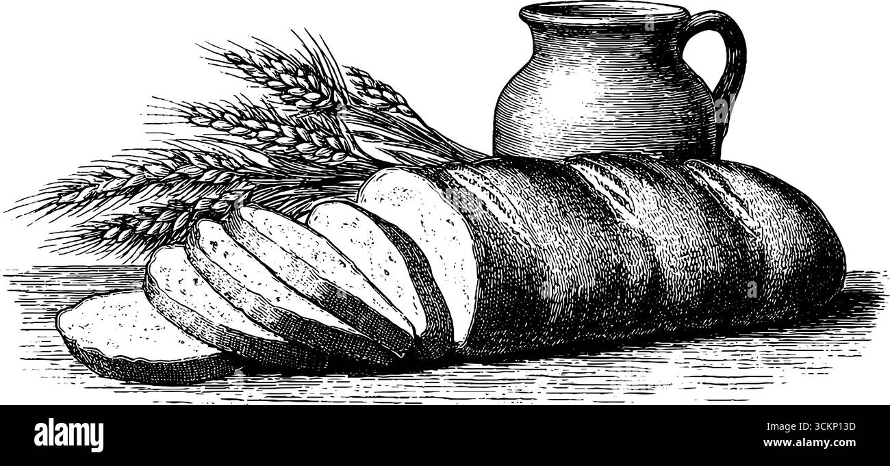 Vintage engraving of rustic sliced bread loaf with wheat and ceramic ...