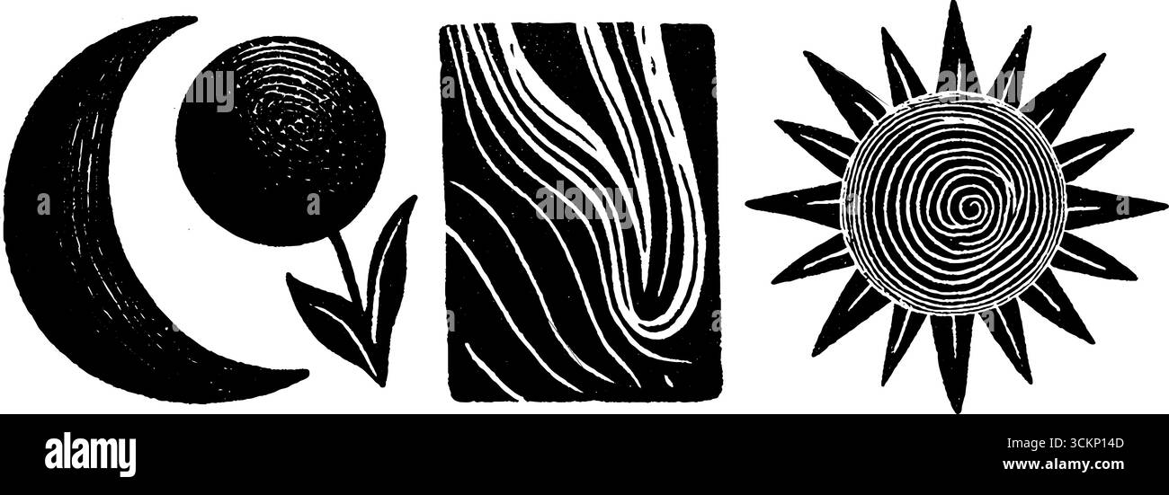 Neo folk art style illustration set featuring full moon and sun design ...