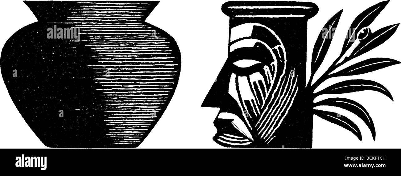 Folk art style woodcut print with pottery and abstract face design ...