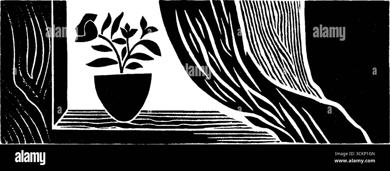 Neo folk art woodcut style - window scene with potted plant and curtain ...