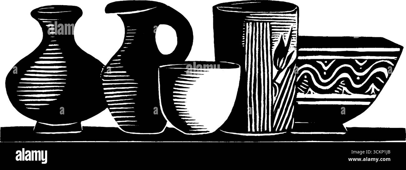 Neo folk art style woodcut print of vases and bowls Stock Vector Image ...