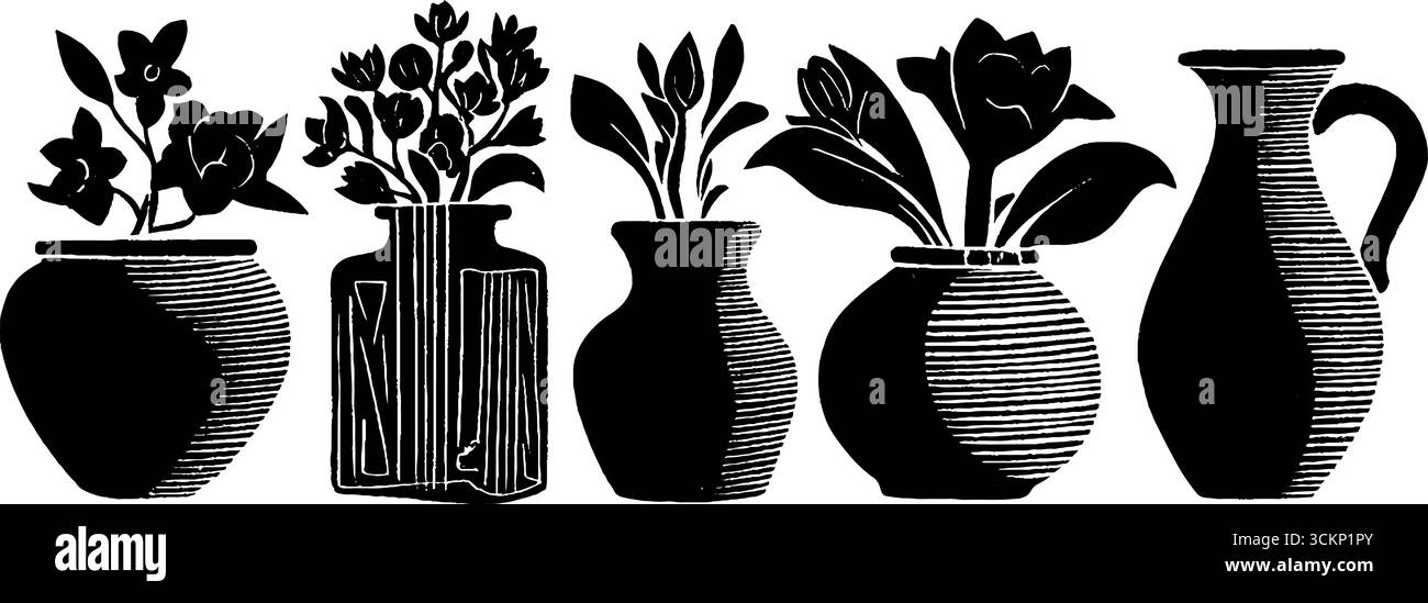 Neo folk art style woodcut print of floral arrangements in vases Stock ...