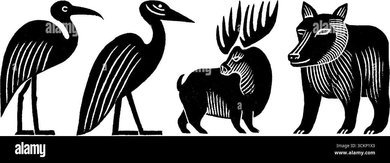 Neo folk art animals featuring stork, heron, moose, and wolf in bold ...
