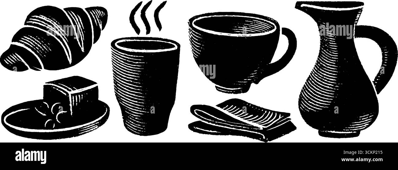 Neo folk art style illustration set featuring steaming cups and bakery ...