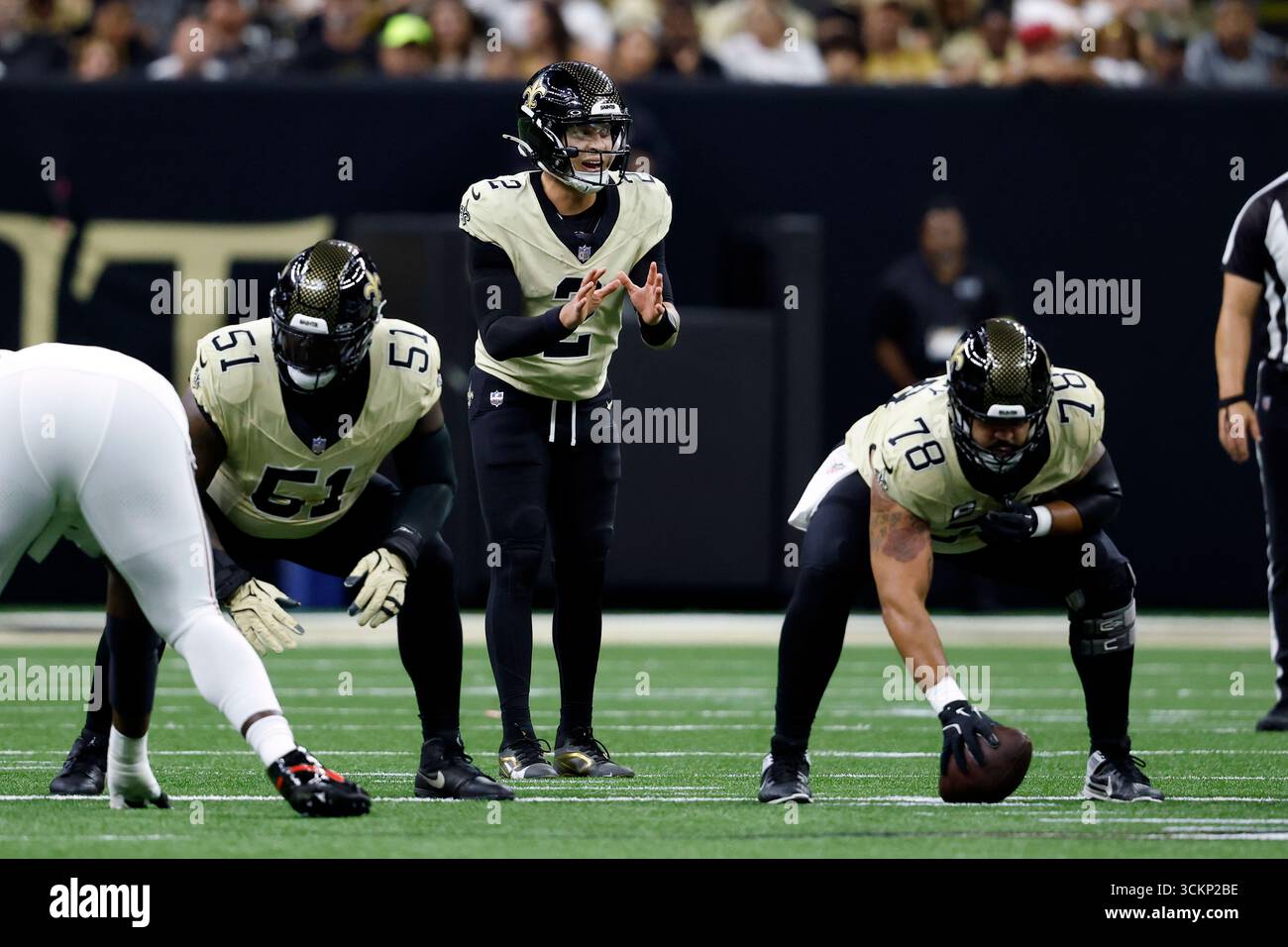 New Orleans Saints quarterback Spencer Rattler (2) calls a play during ...