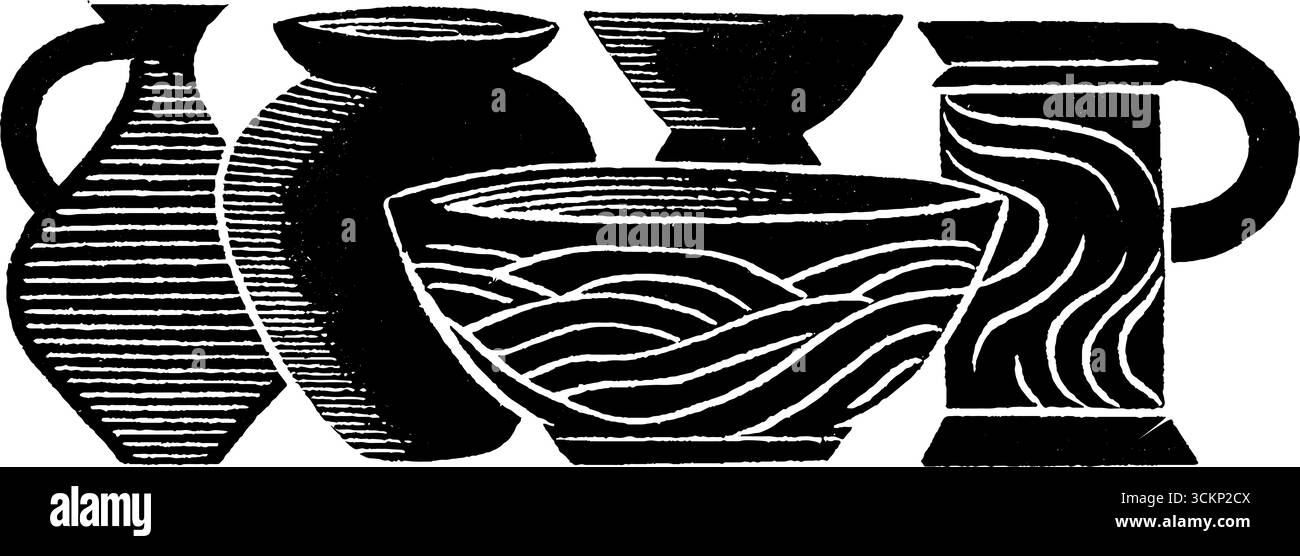 Neo folk art style: woodcut print of ceremonial vases and textured ...