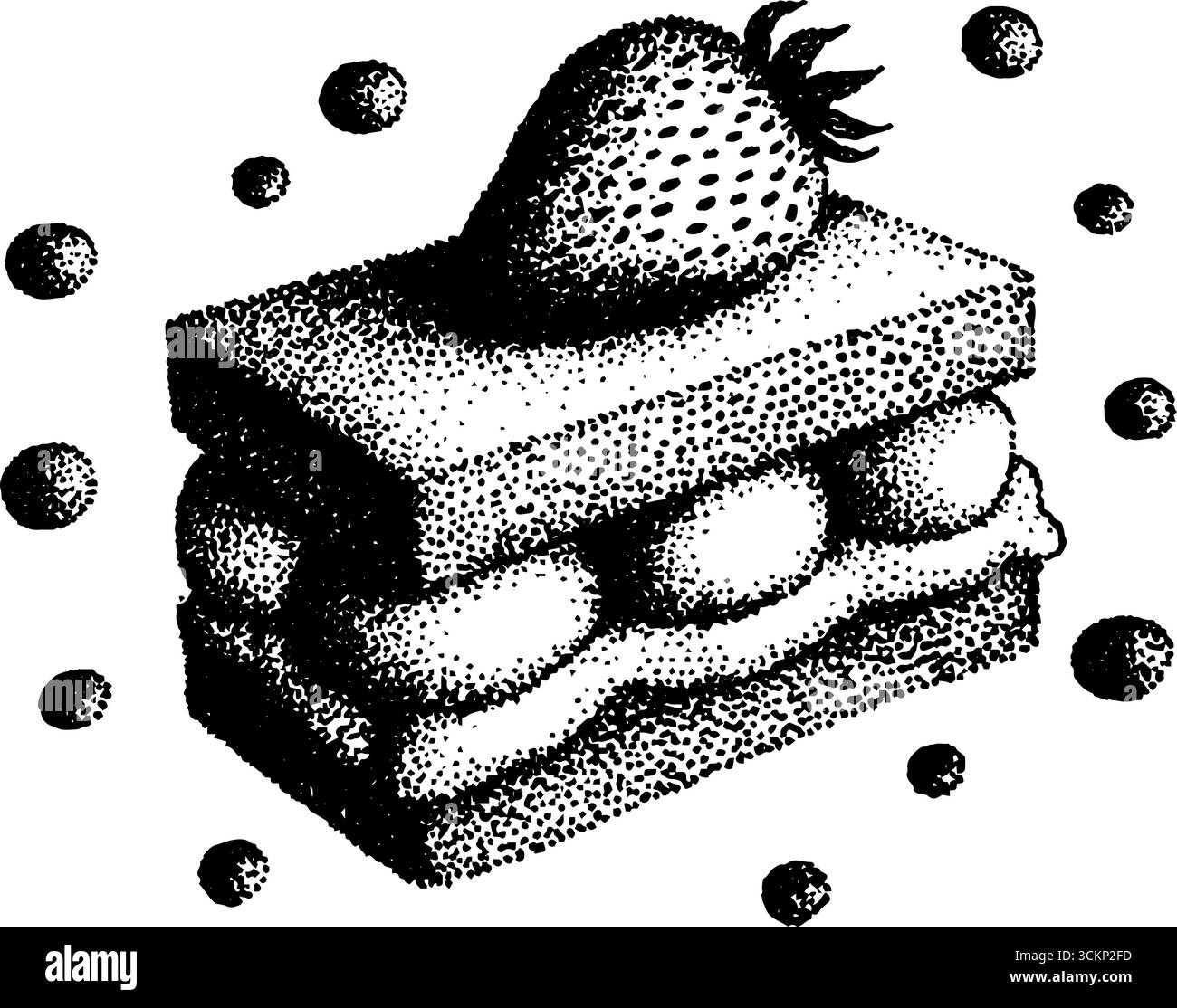 Hyper detailed ink stippling dessert illustration with strawberry ...