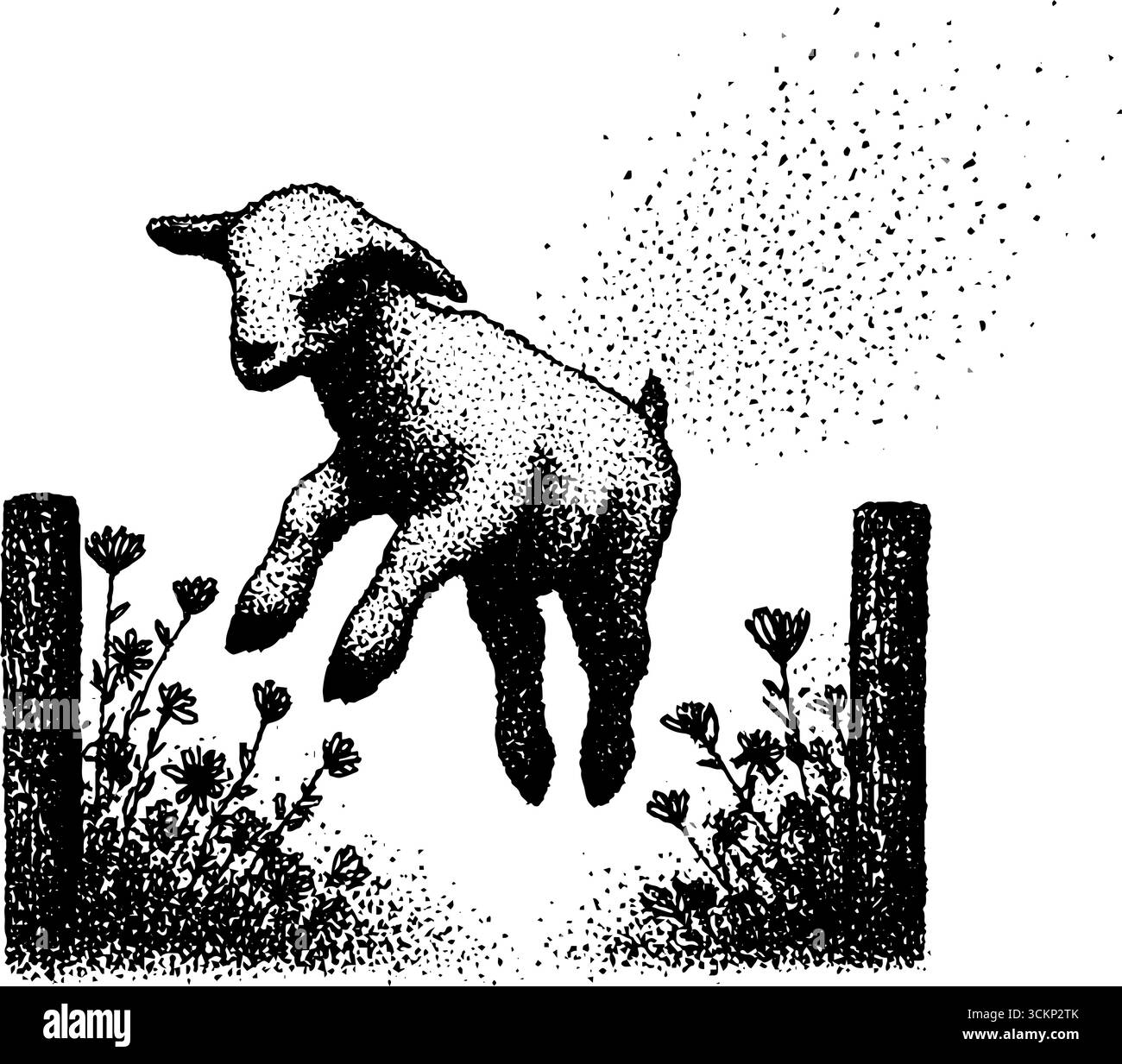 Detailed stippling ink illustration of a playful lamb jumping over a ...