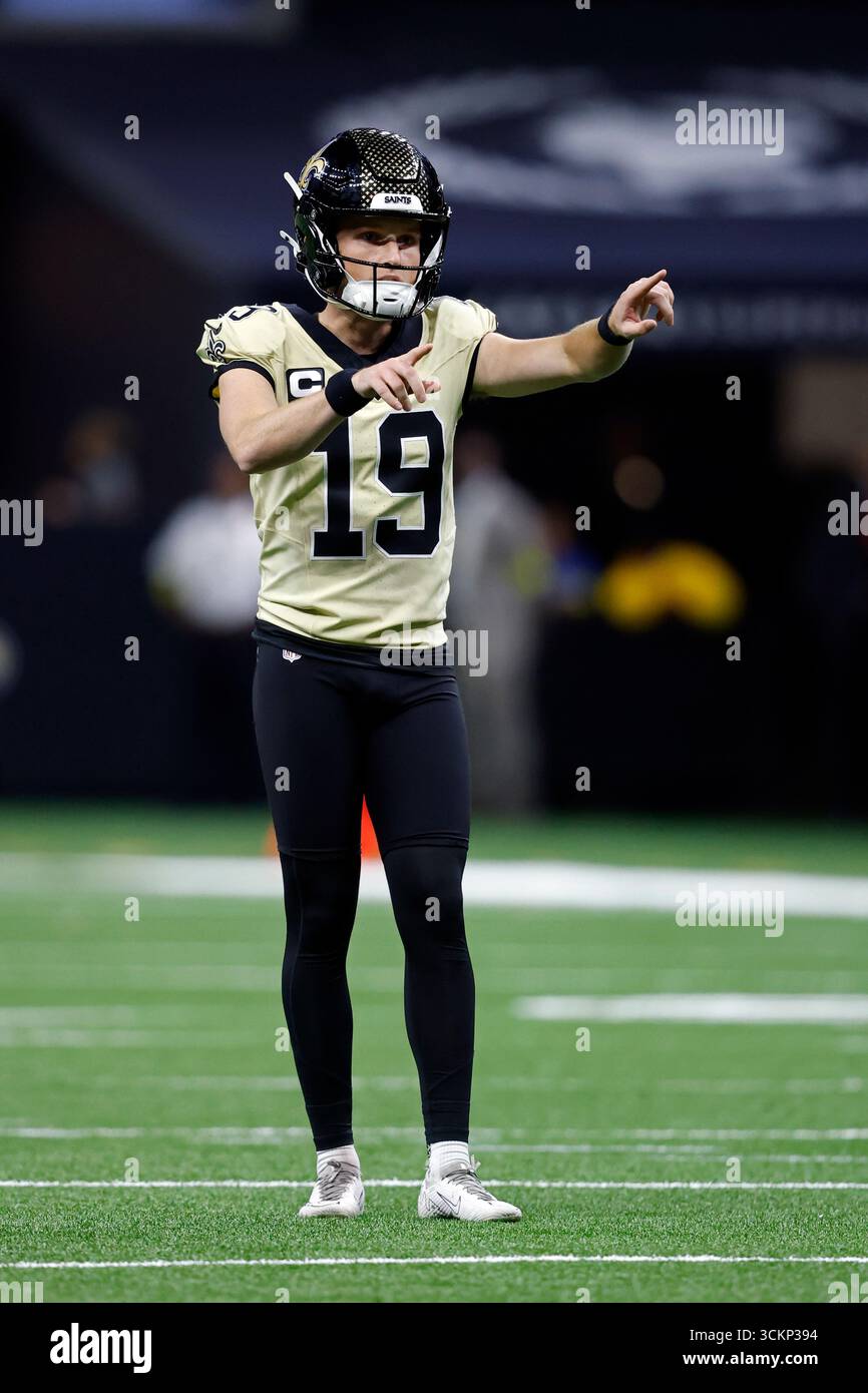 New Orleans Saints place kicker Blake Grupe (19) reacts during an NFL ...