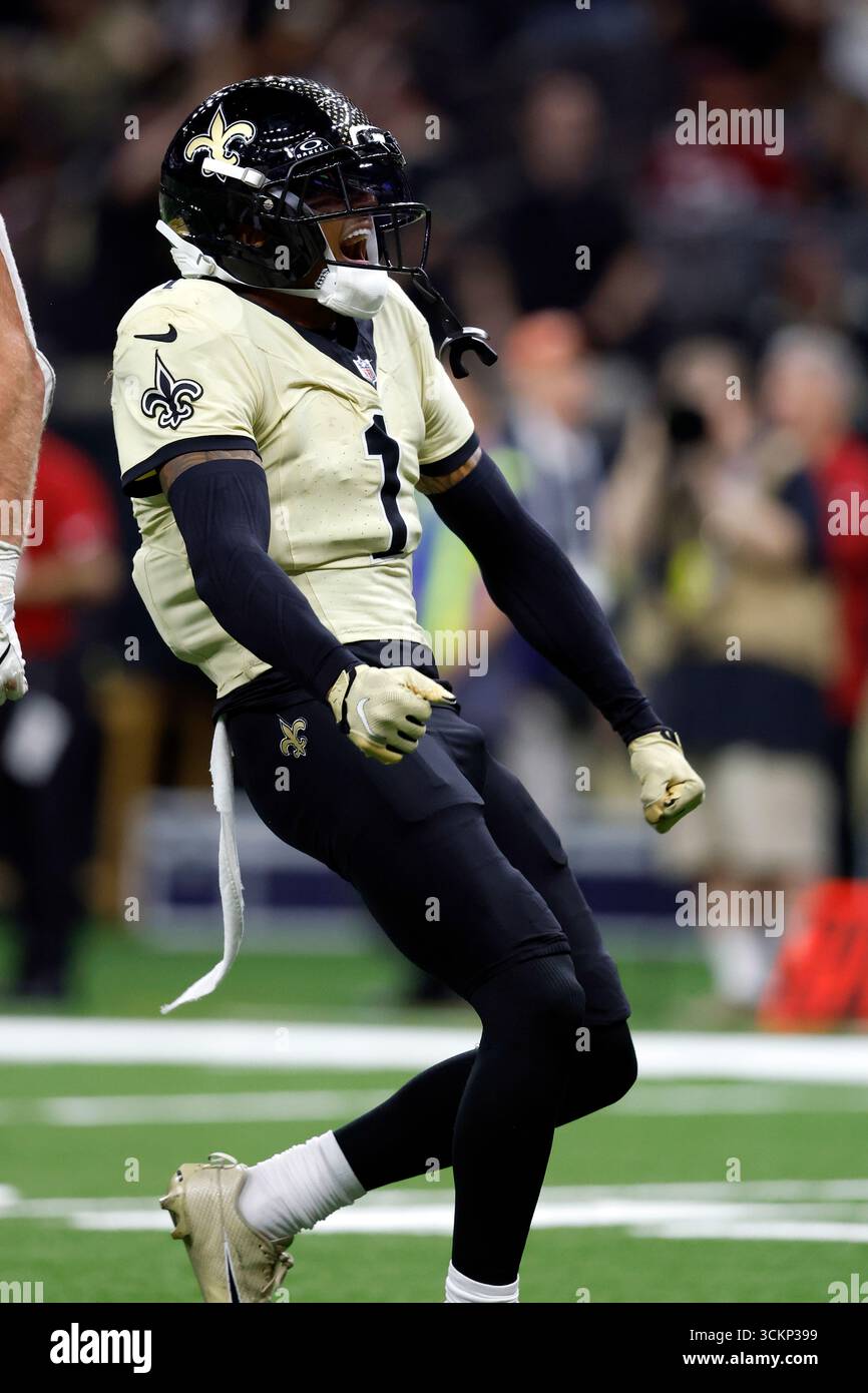 New Orleans Saints cornerback Alontae Taylor (1) celebrates after a ...