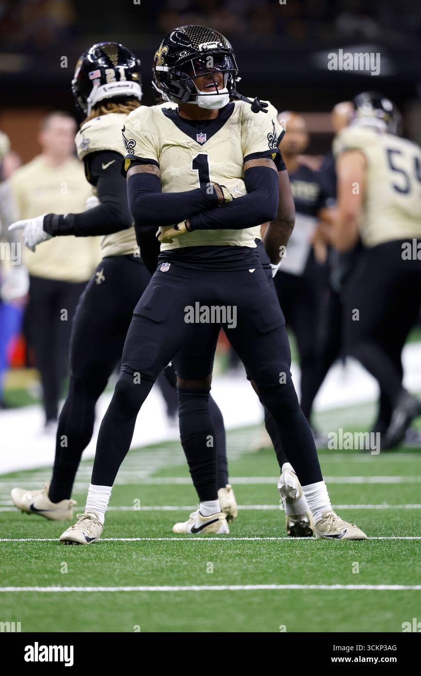 New Orleans Saints cornerback Alontae Taylor (1) celebrates after a ...