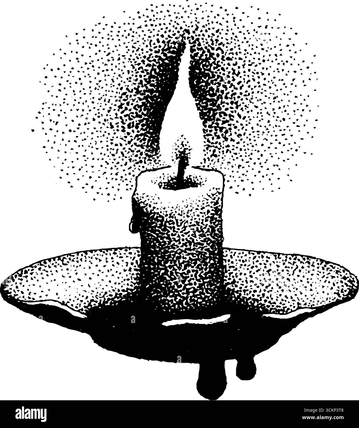 Stippling ink art of candle with hyper detailed flame in vintage tray ...