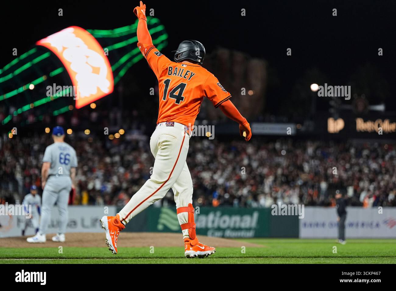 San Francisco Giants' Patrick Bailey (14) celebrates after hitting a ...