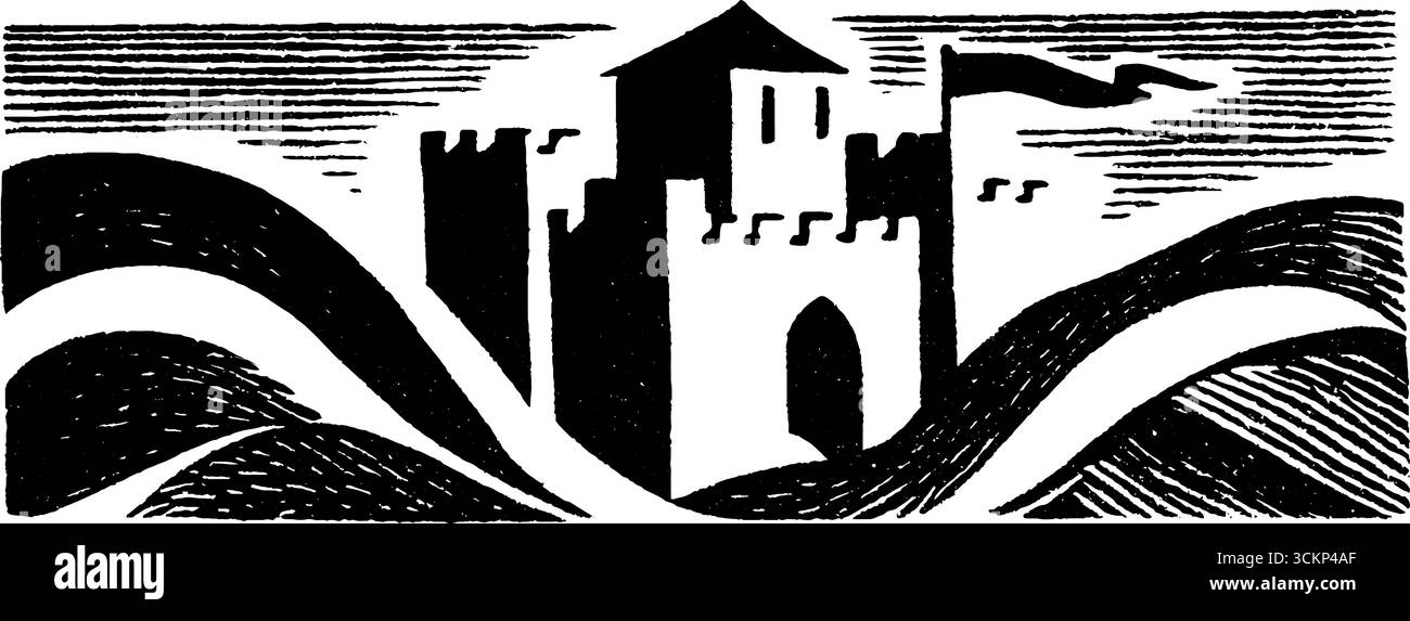 Folk art style woodcut print of medieval castle with flag on rolling ...