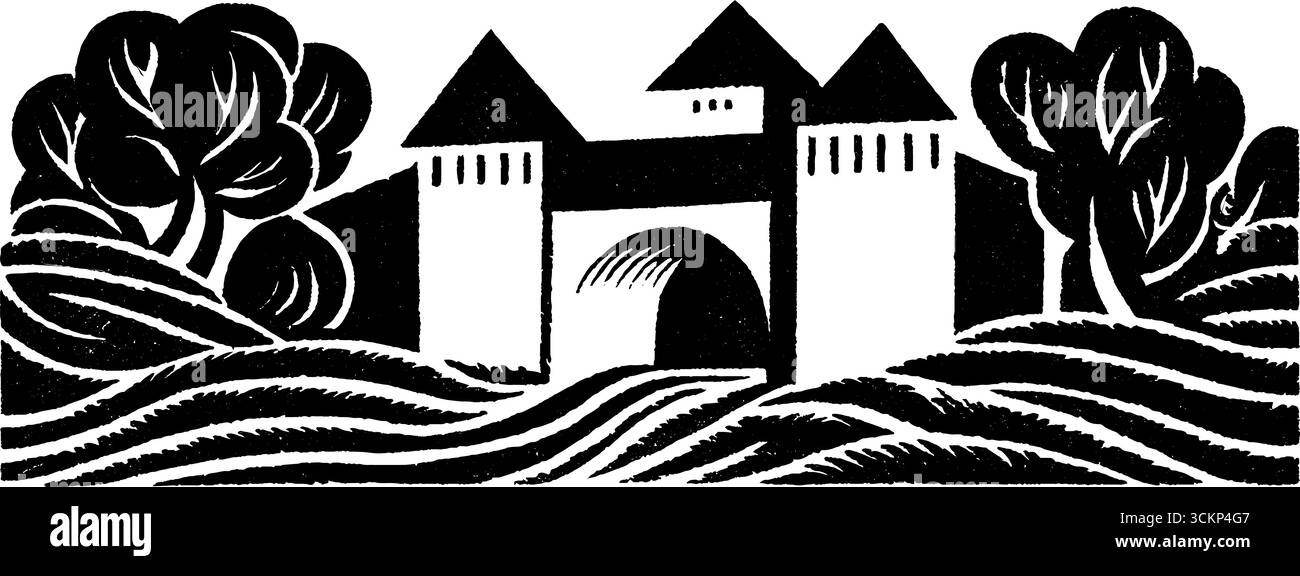 Folk art style woodcut illustration of a castle with trees and wave ...