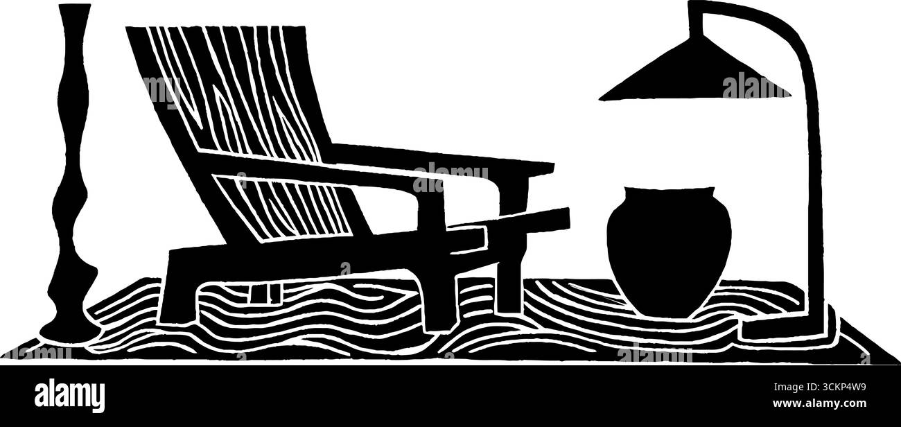 Neo folk art style woodcut print of modern interior design elements ...