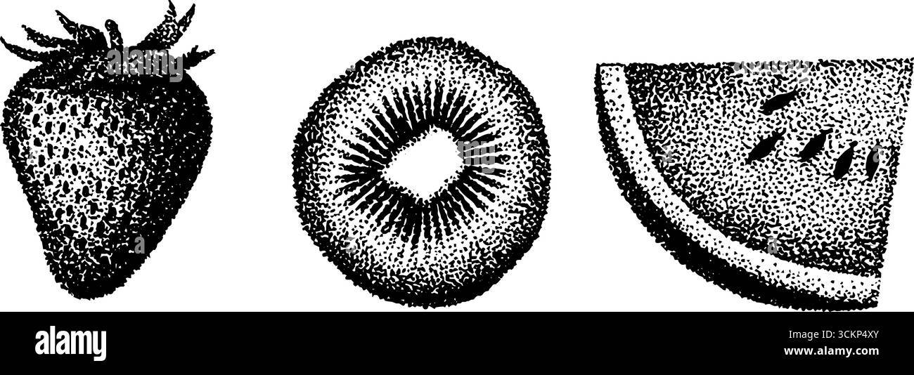 Hyper detailed stippling ink illustration of strawberry, kiwi, and ...
