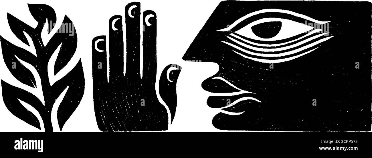 Neo folk art style illustration featuring leaf, hand, and face Stock ...