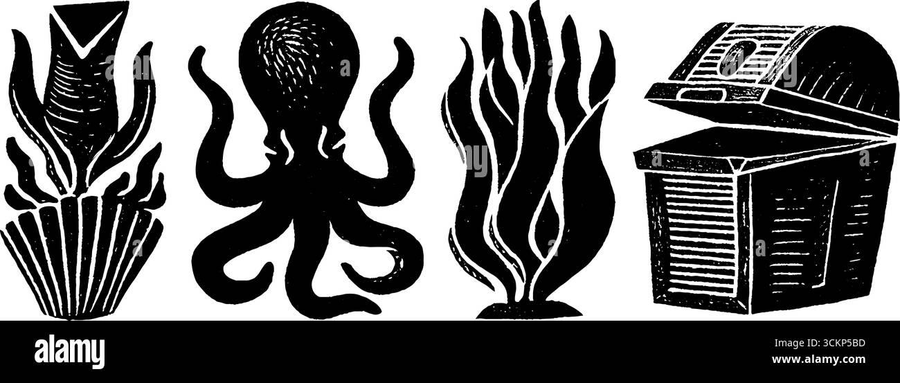 Neo folk art style illustration set featuring octopus and nautical ...